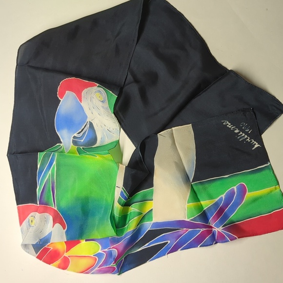 Accessories | Vintage Parrot Silk Scarf Signed By Artist Vibrant Colors ...